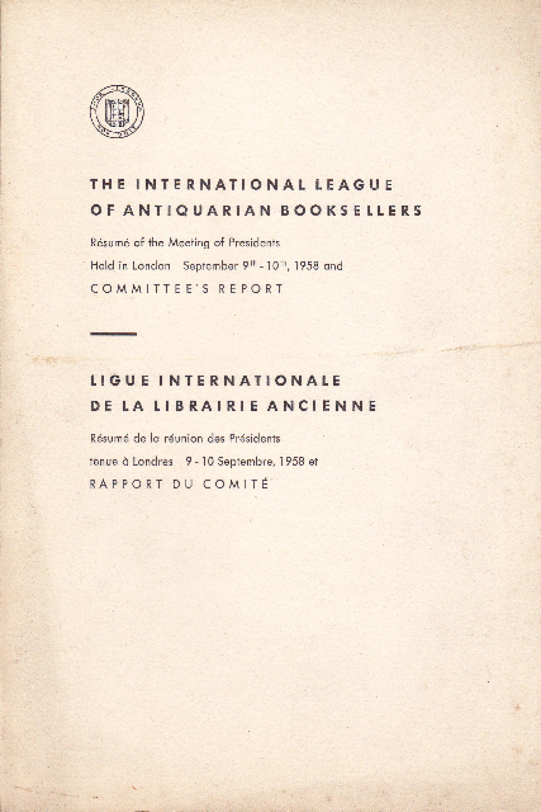 London 1958 | International League of Antiquarian Booksellers (ILAB)